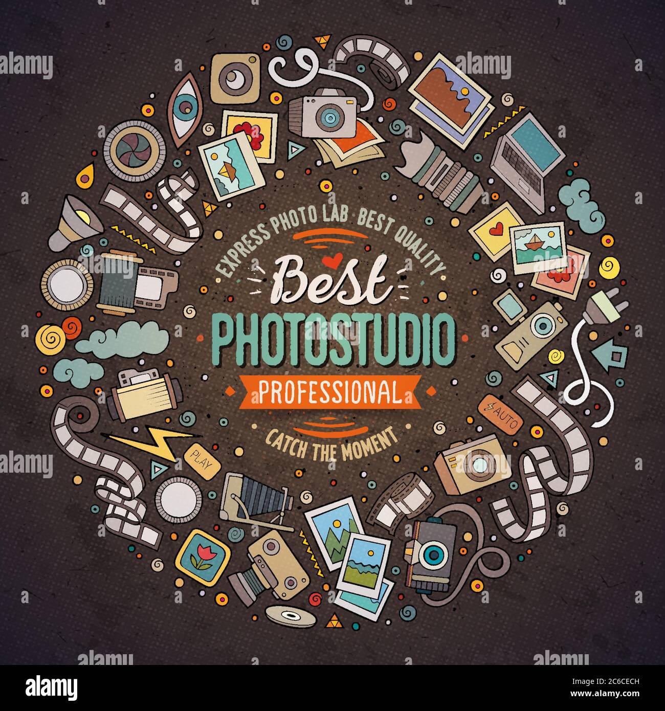 Set of Photo studio cartoon doodle objects round frame Stock Vector ...