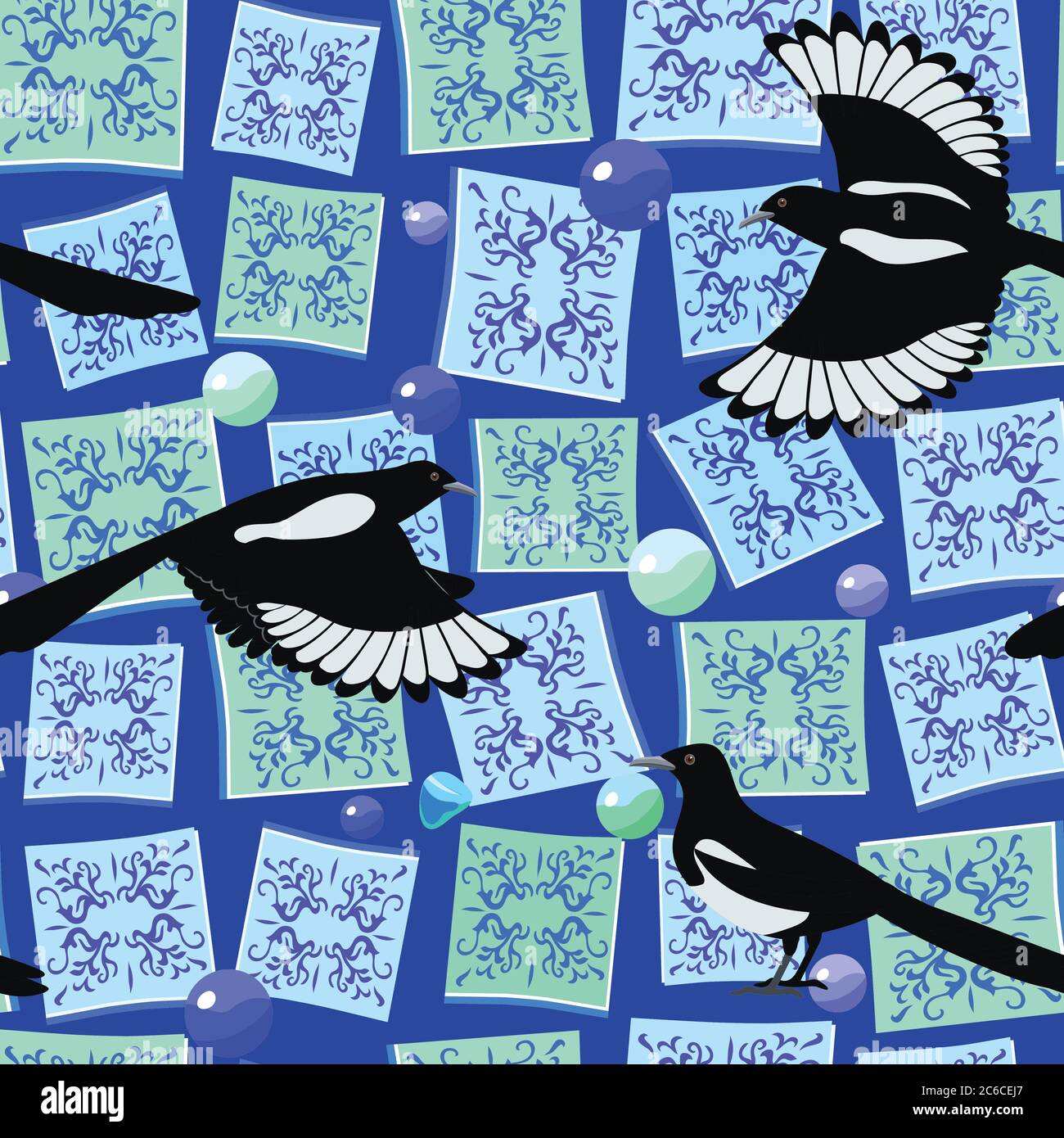 Cute original seamless pattern with magpie, majolic elements and ...