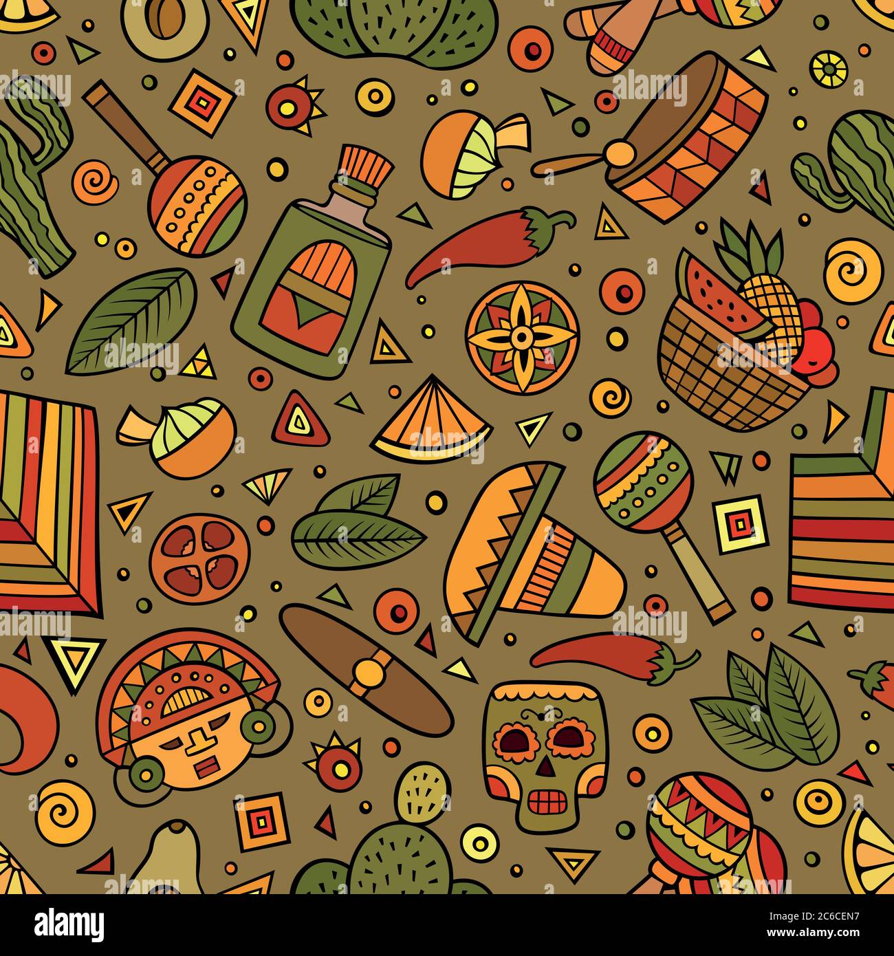 Cartoon hand-drawn latin american, mexican seamless pattern Stock ...