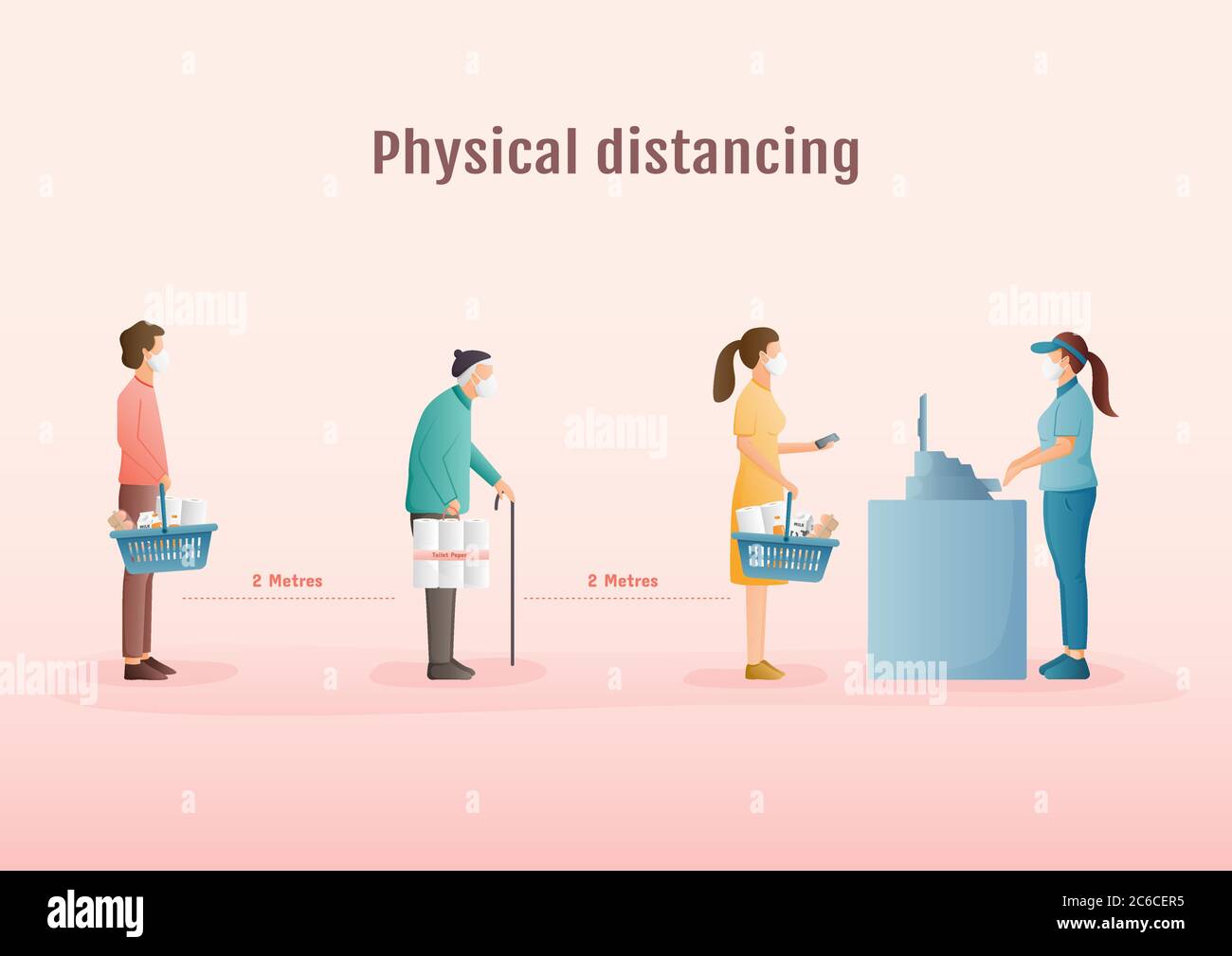 Shoppers wearing face masks queued for groceries at a supermarket ...