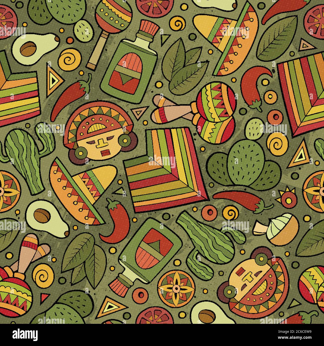 Cartoon hand-drawn latin american, mexican seamless pattern Stock ...