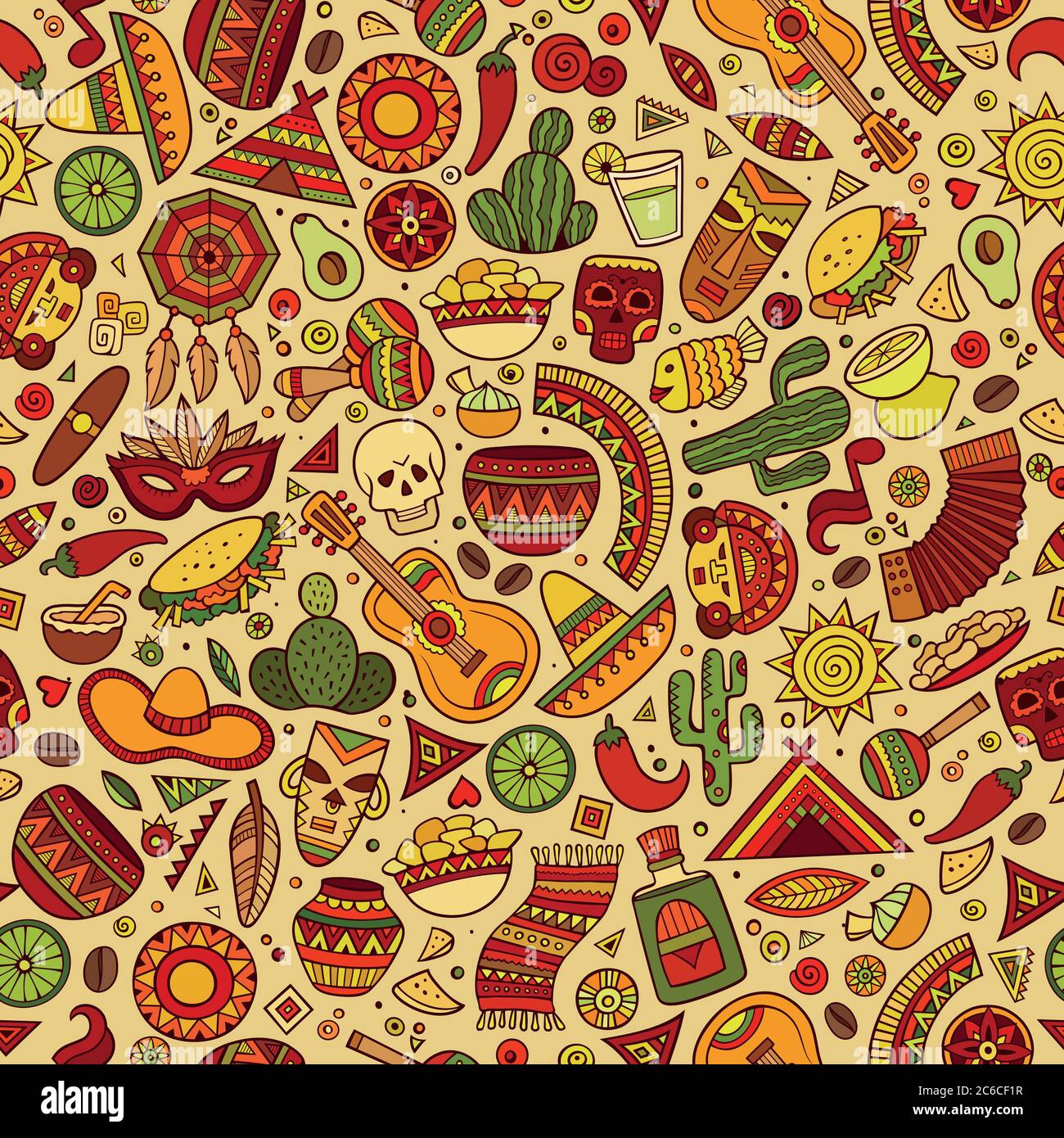 Cartoon hand-drawn latin american, mexican seamless pattern Stock ...