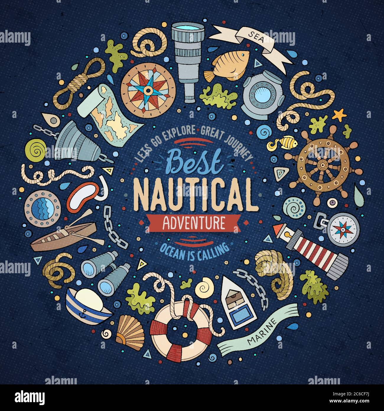 Set of Nautical cartoon doodle objects, symbols and items Stock Vector ...