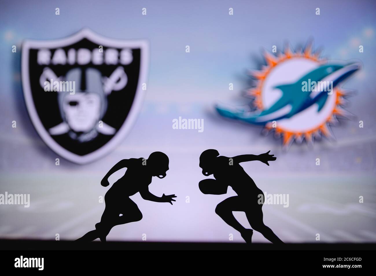 Las Vegas Raiders vs. Miami Dolphins. NFL match poster. Two american football players silhouette ...
