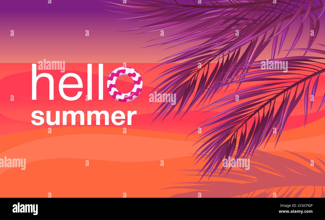 Tropical summer sunset vacation background vector. Hello summer! Palm ...