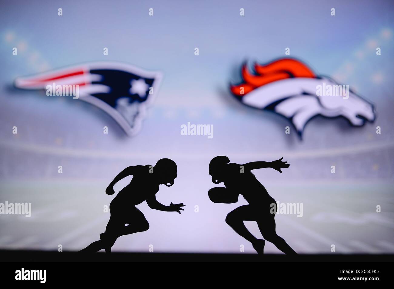 New England Patriots vs. Denver Broncos. NFL match poster. Two american ...