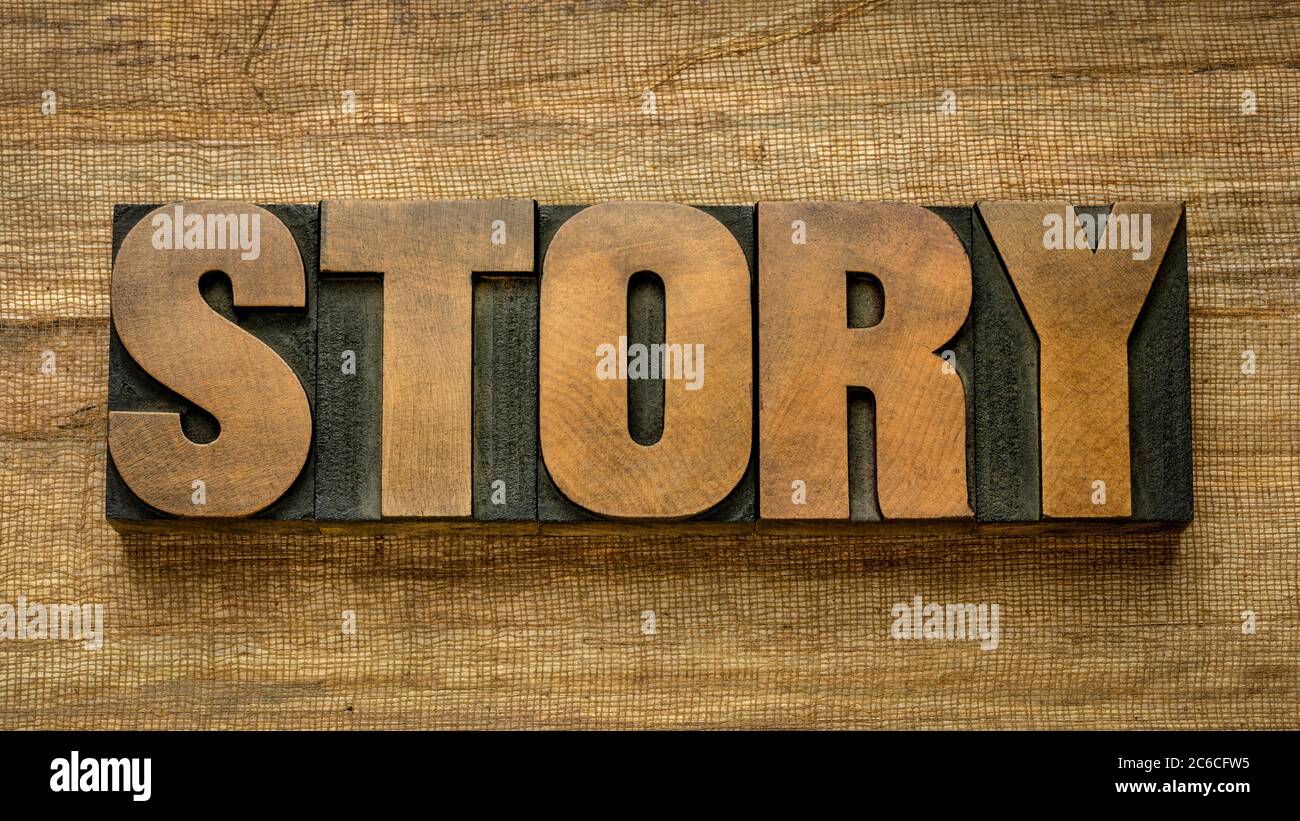 story word abstract in vintage letterpress wood type against handmade ...
