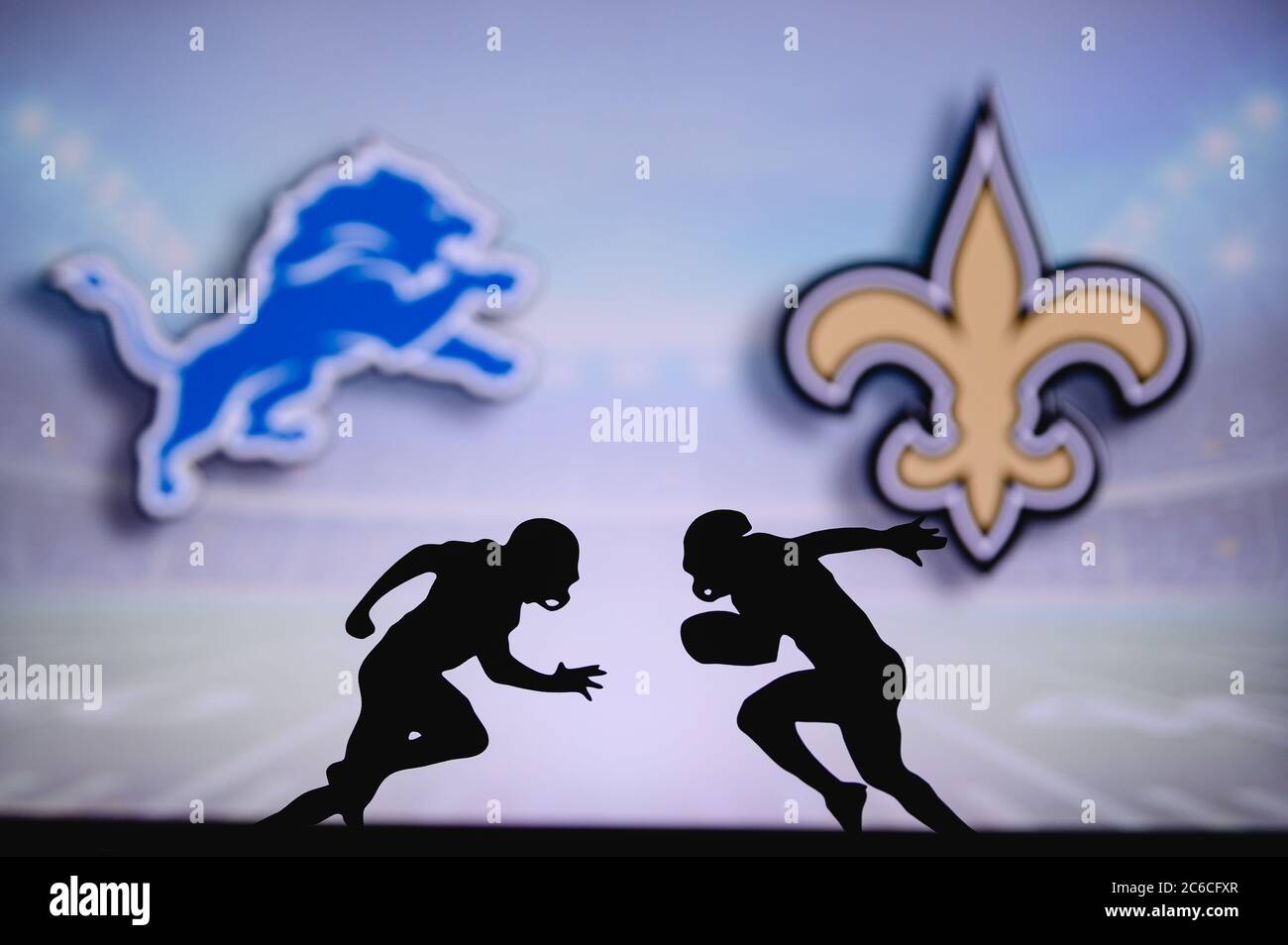 Detroit Lions vs. New Orleans Saints. NFL match poster. Two american ...
