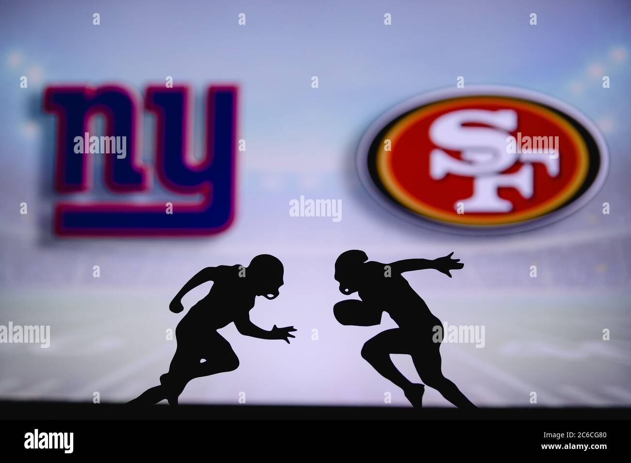 New York Giants vs. San Francisco 49ers. NFL match poster. Two american football players ...