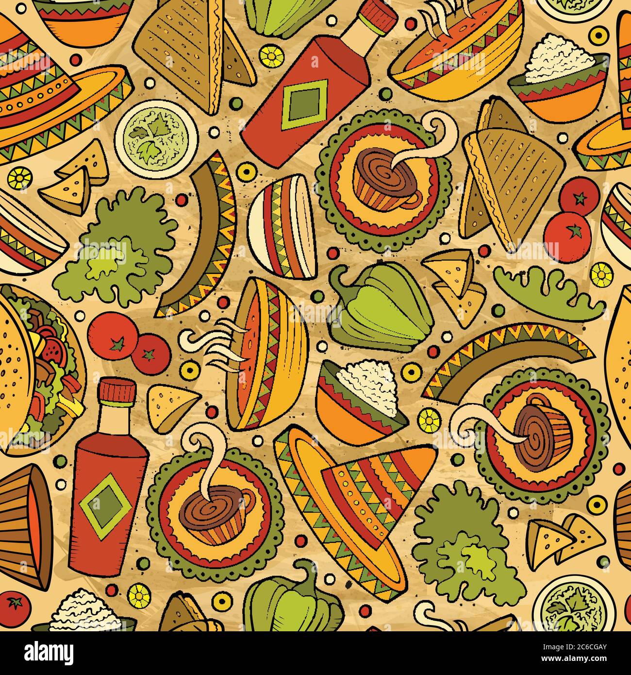 Cartoon hand-drawn latin american, mexican seamless pattern Stock ...