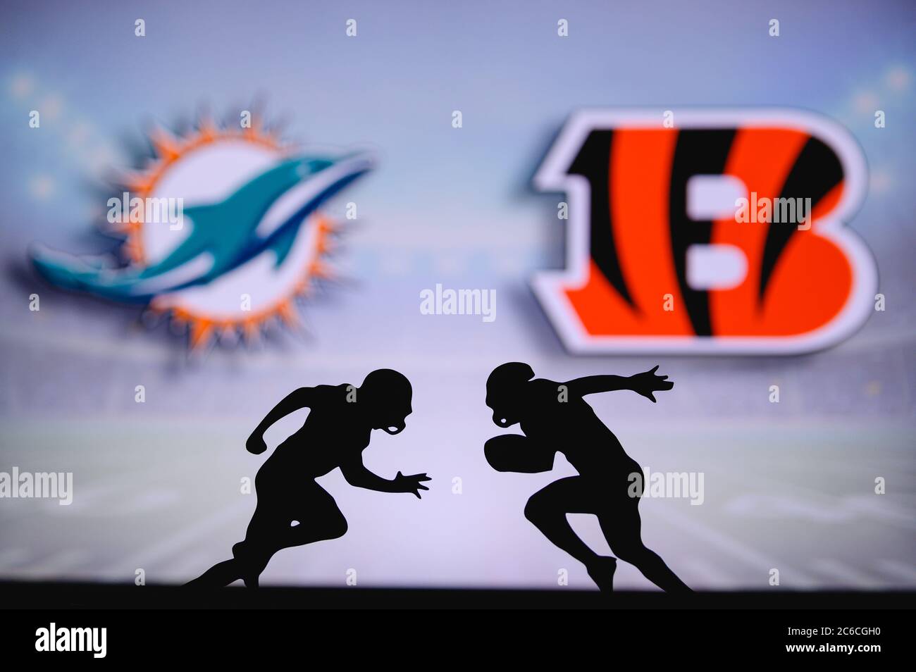 Miami Dolphins vs. Cincinnati Bengals. NFL match poster. Two american ...