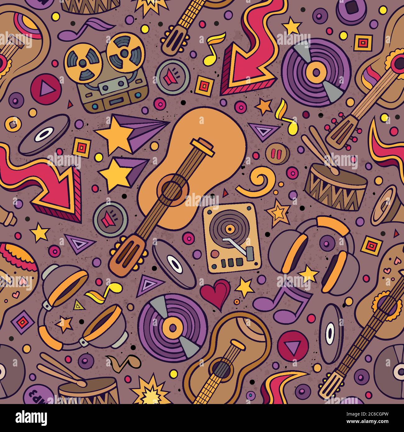 Cartoon hand-drawn musical instruments seamless pattern Stock Vector ...