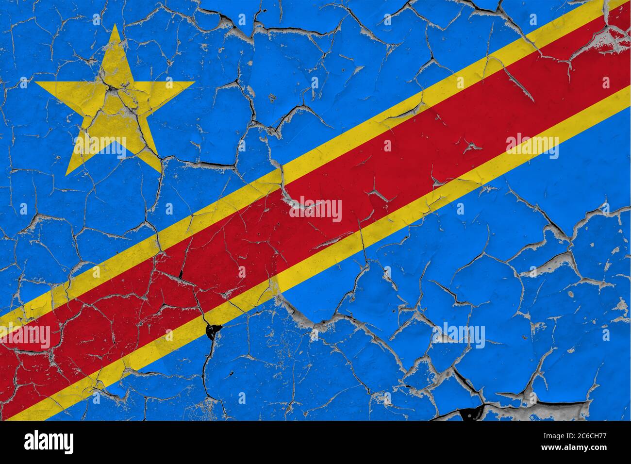 Congo flag close up grungy, damaged and scratched on wall peeling off ...