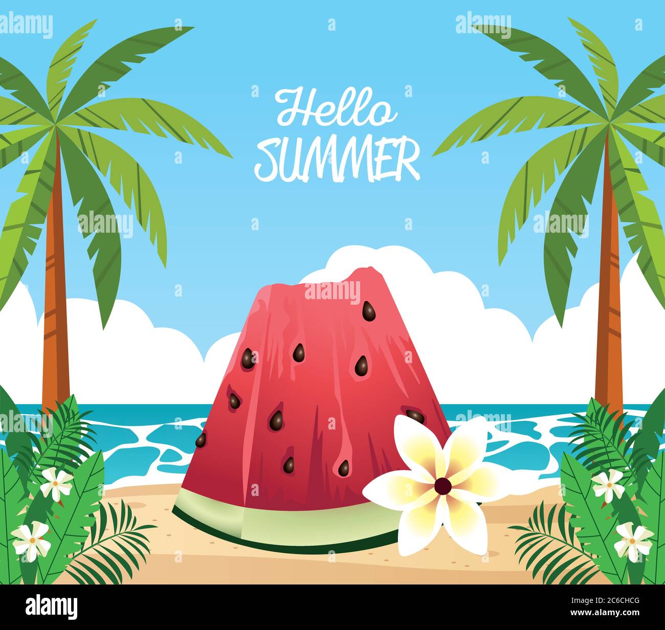 hello summer seasonal scene with watermelon and flower vector ...