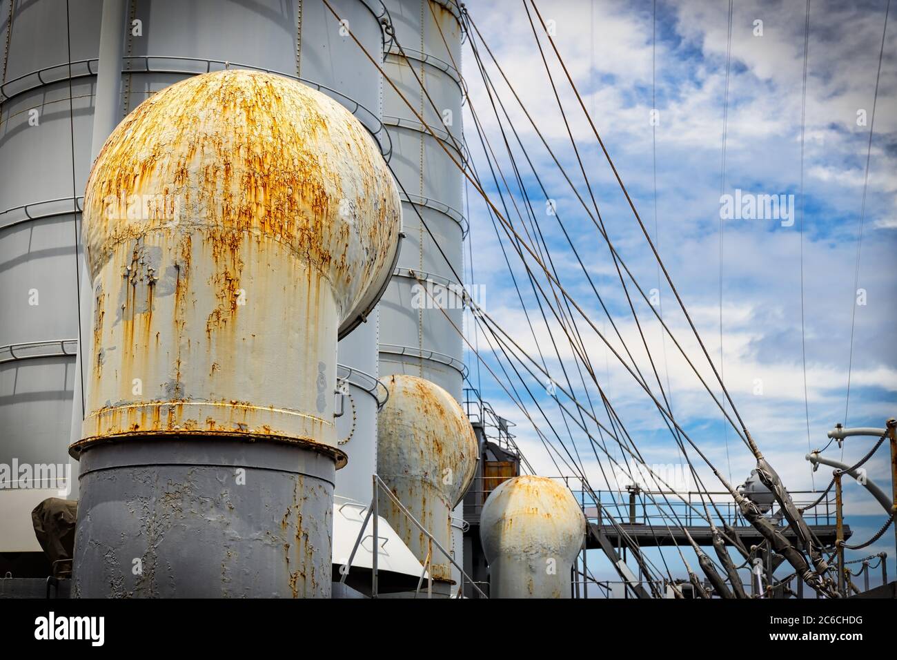 Air intakes, usually to cool an engine room, aboard an old ship in ...