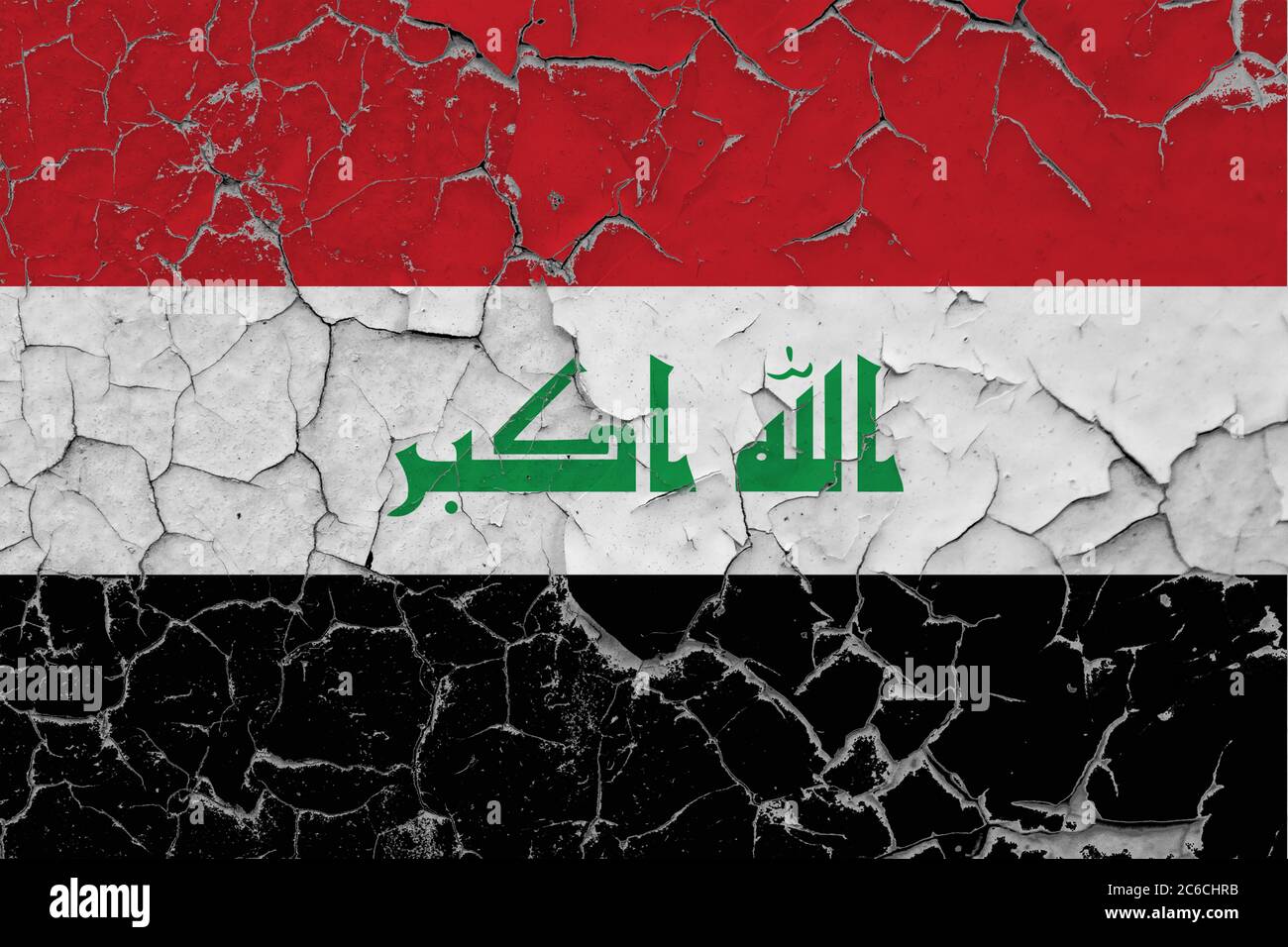 Iraq flag close up grungy, damaged and scratched on wall peeling off ...