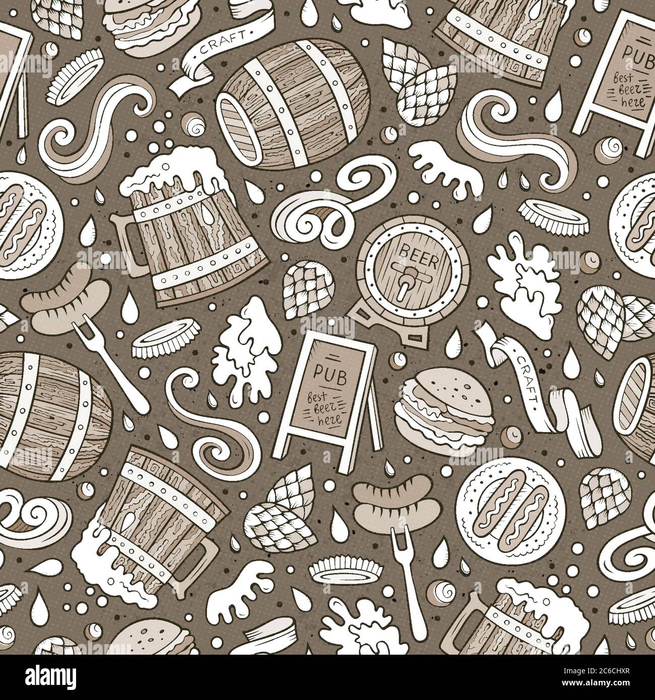 Cartoon cute hand drawn Beer fest seamless pattern Stock Vector Image ...