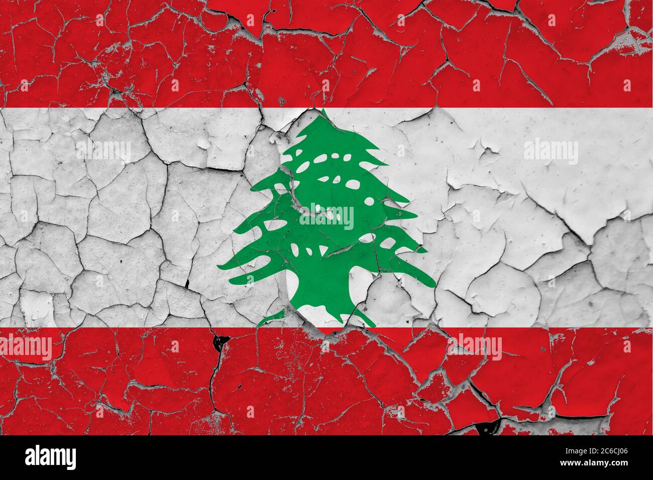 Lebanon flag close up grungy, damaged and scratched on wall peeling off ...