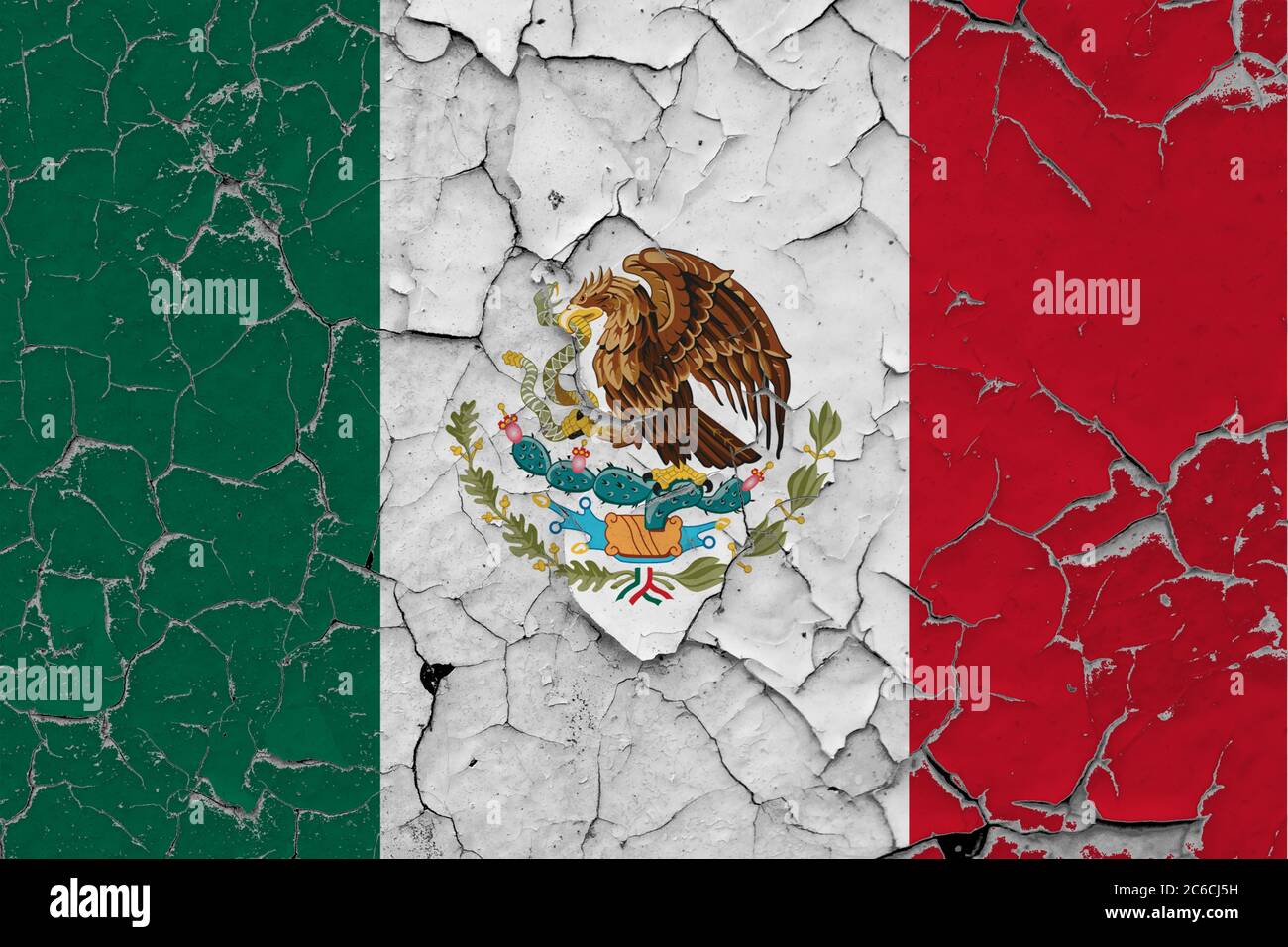 Mexico flag close up grungy, damaged and scratched on wall peeling off ...