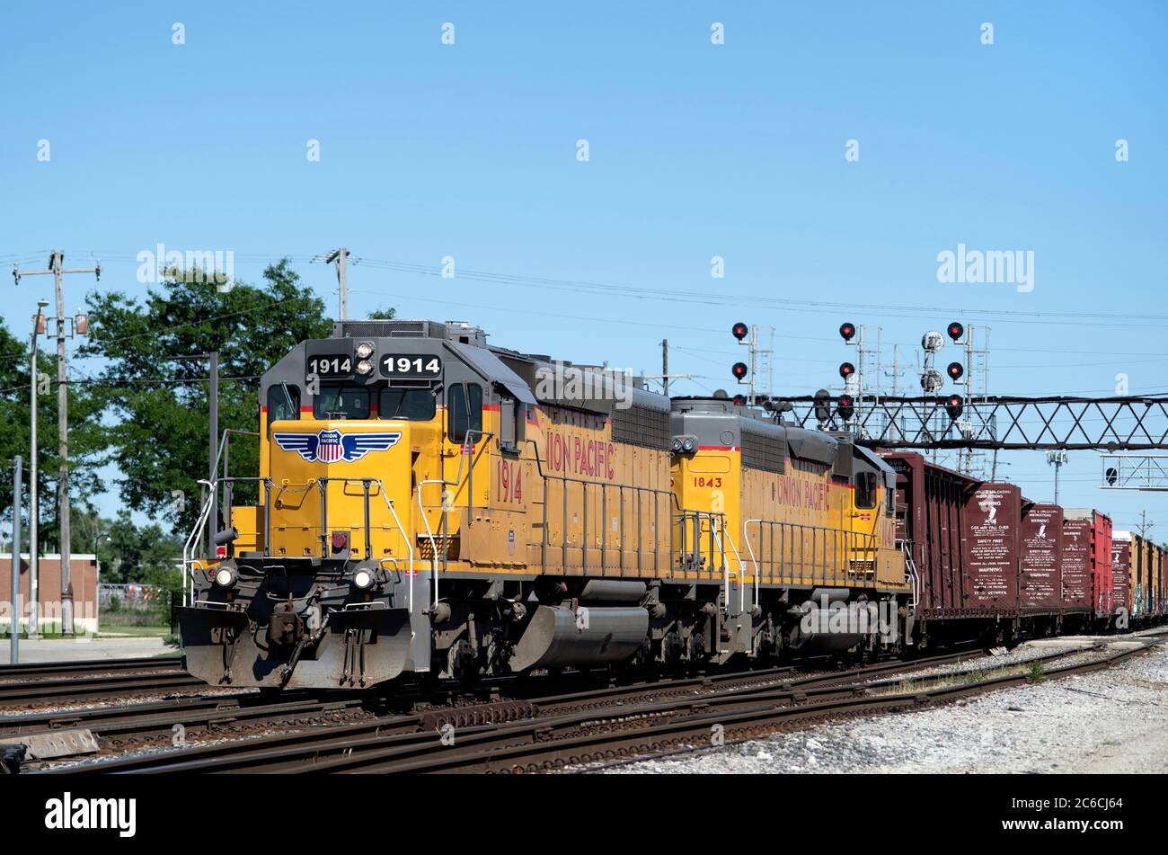 Franklin Park, Illinois, USA. A pair of Union Pacific locomotives lead a manifest freight on ...
