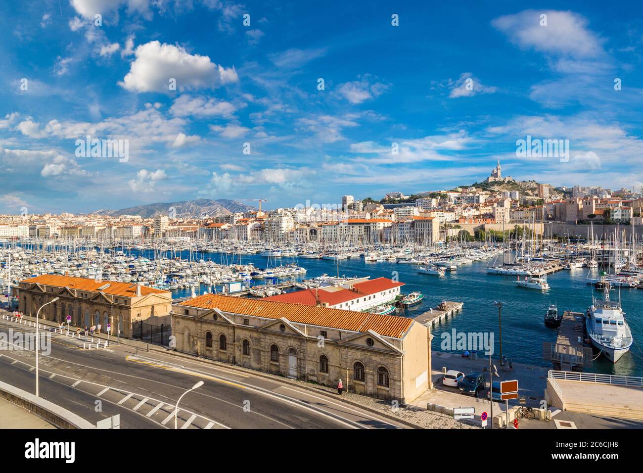 Aerial panoramic view on basilica of Notre Dame de la Garde and old ...
