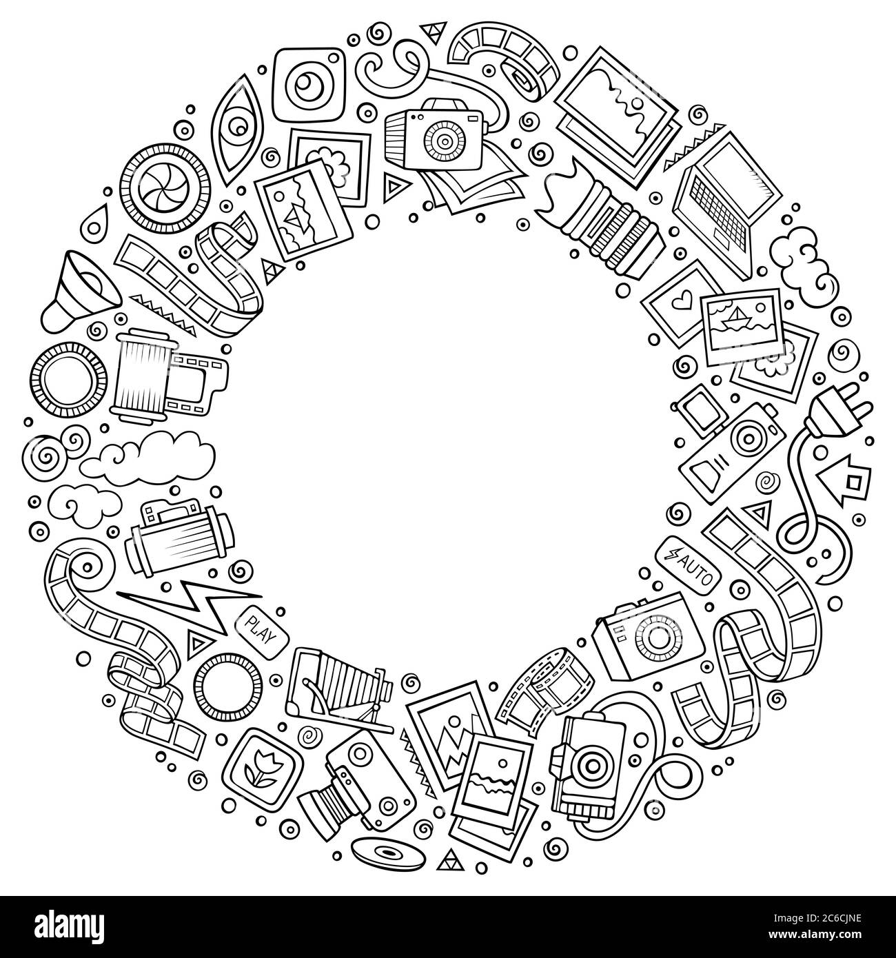Set of Photo studio cartoon doodle objects round frame Stock Vector ...