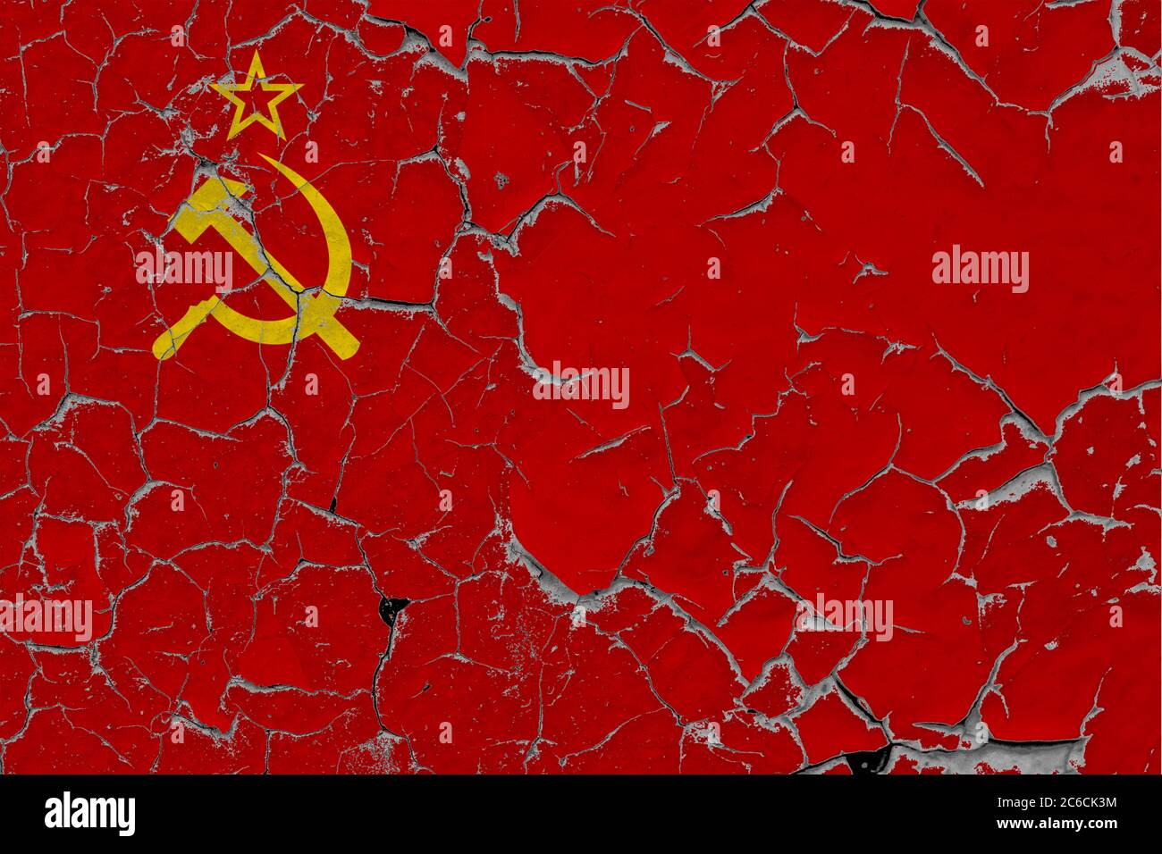 Soviet Union flag close up grungy, damaged and scratched on wall ...