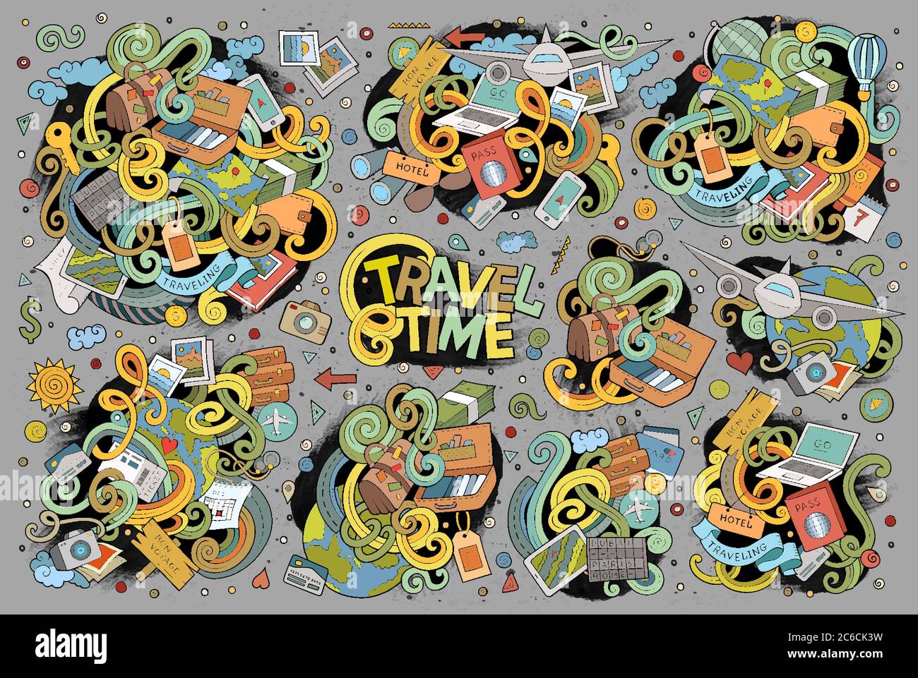 Vector doodle cartoon set of travel theme items Stock Vector Image ...