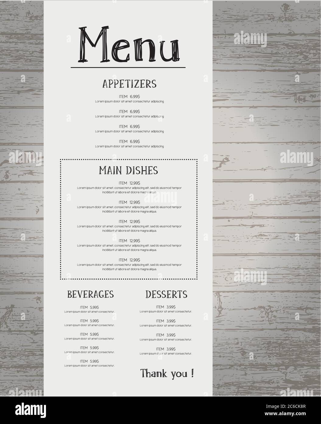 wood Restaurant menu flyer template design vector font outlined Skrawk ...