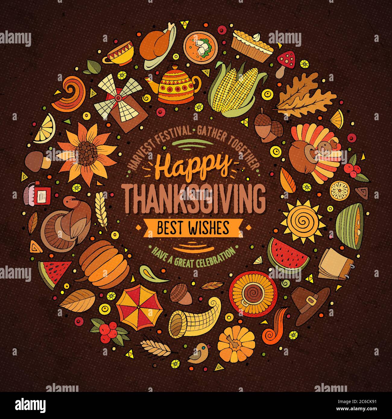 Set of Thanksgiving cartoon doodle objects, symbols and items Stock ...