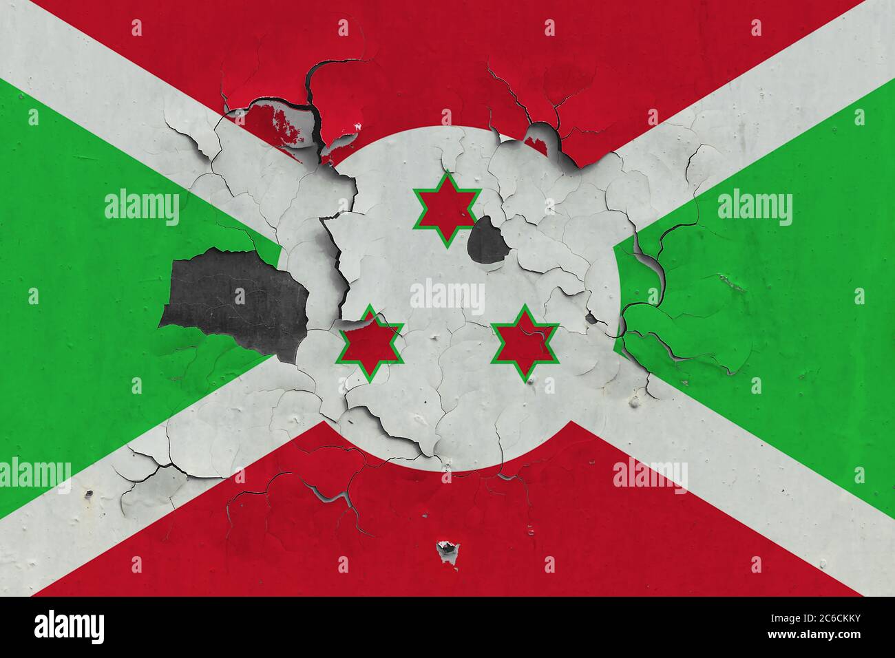 Burundi flag close up old, damaged and dirty on wall peeling off paint ...