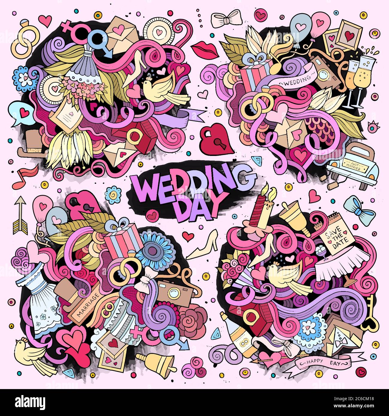 Colorful vector wedding Doodle cartoon set of objects Stock Vector ...