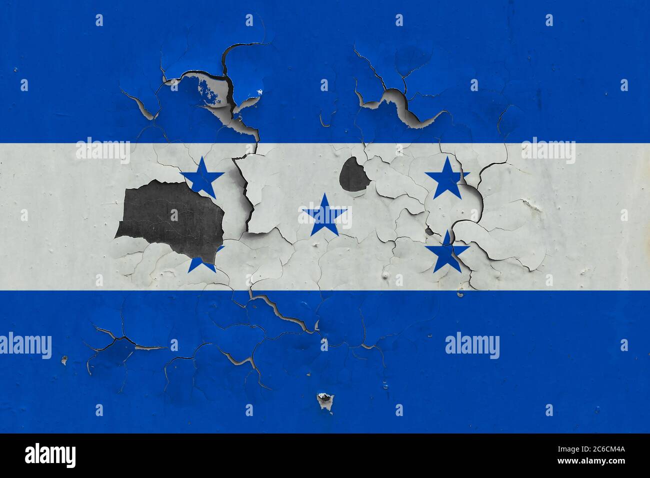 Honduras flag close up old, damaged and dirty on wall peeling off paint ...