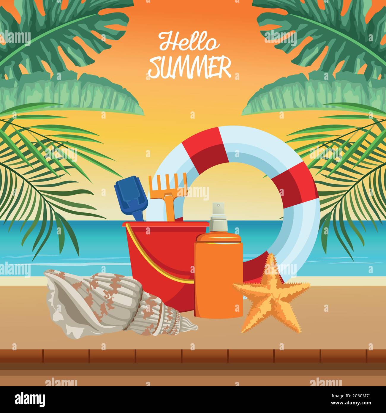 hello summer seasonal scene with lifeguard float and sandbucket vector ...