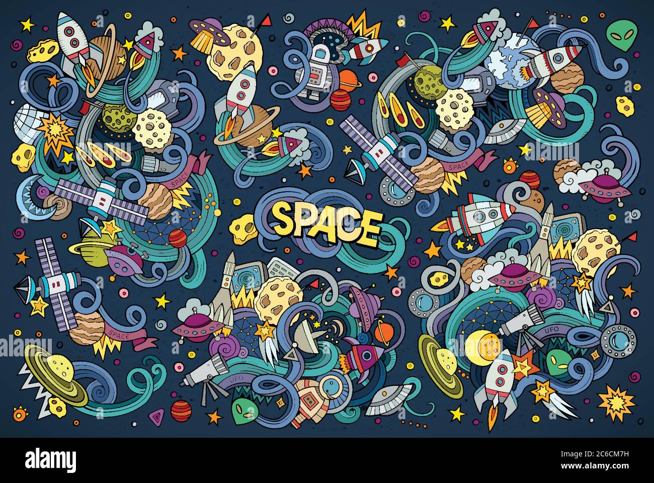 Colorful vector hand drawn doodles cartoon set of Space objects Stock ...