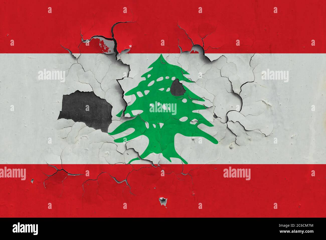 Lebanon flag close up old, damaged and dirty on wall peeling off paint ...