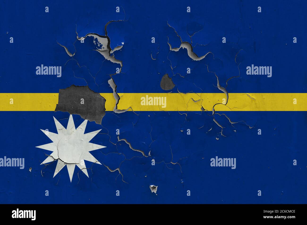Nauru flag close up old, damaged and dirty on wall peeling off paint to ...