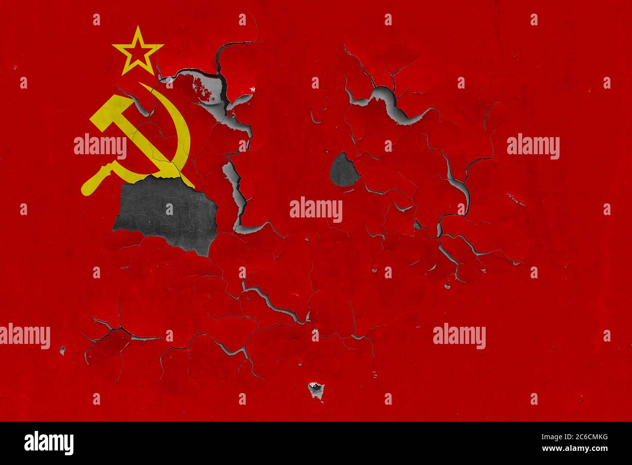 Soviet Union flag close up old, damaged and dirty on wall peeling off ...