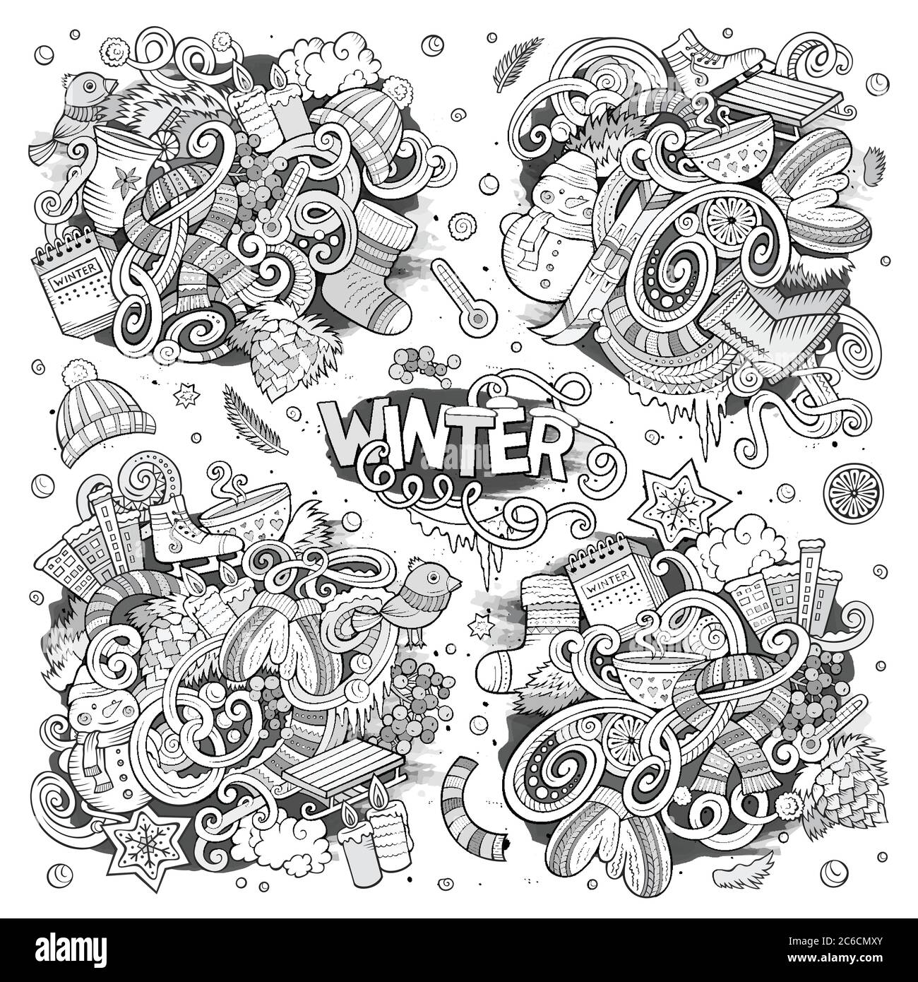 Cartoon set of Winter season doodles designs Stock Vector Image & Art ...