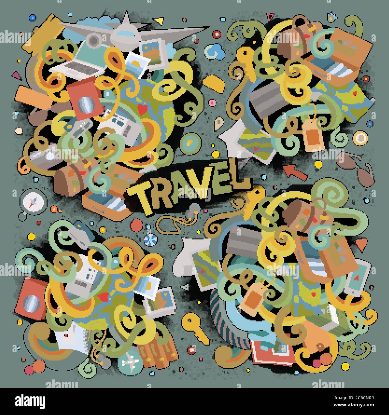 Vector doodle cartoon set of travel theme items Stock Vector Image ...