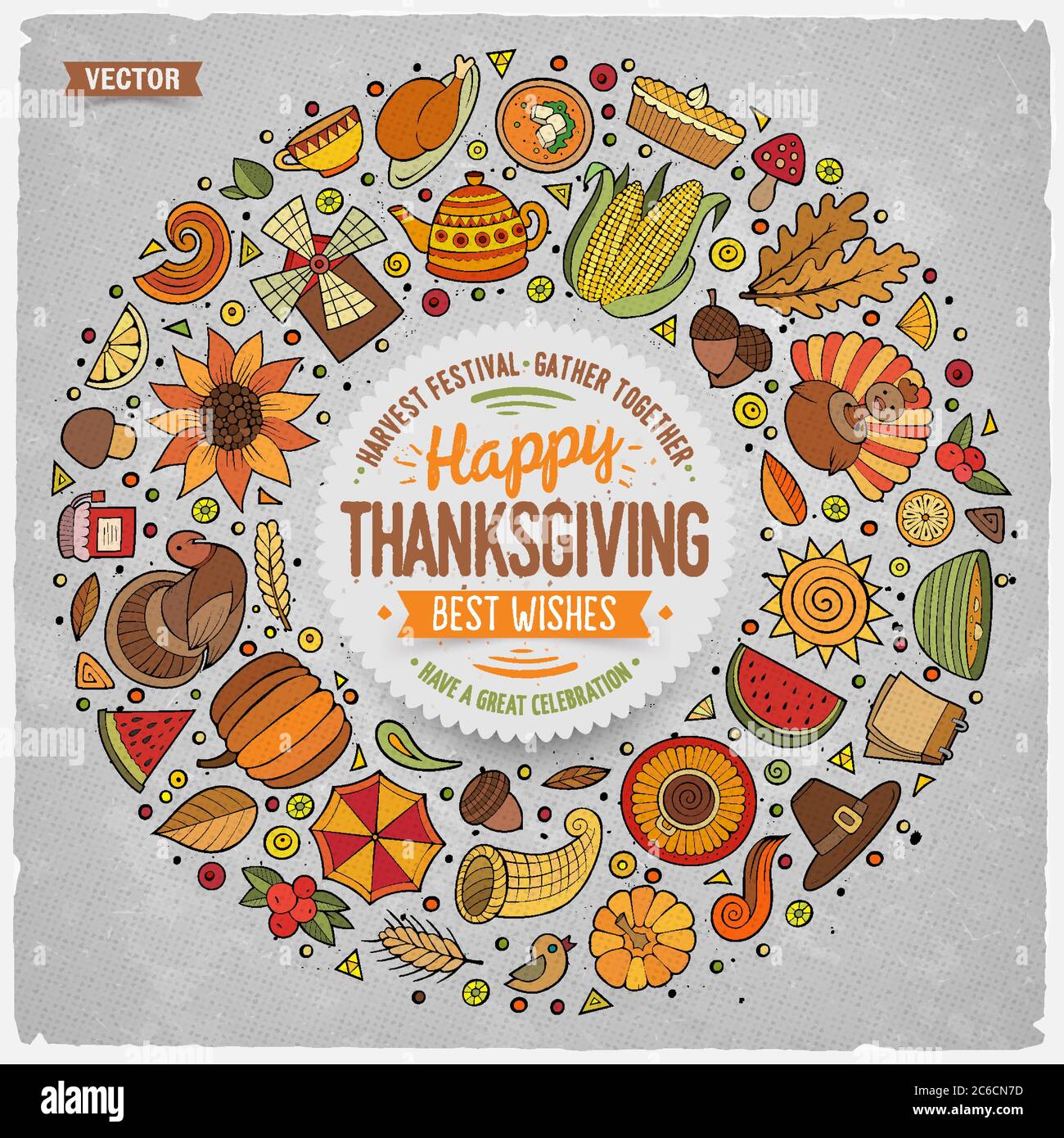 Set of Thanksgiving cartoon doodle objects, symbols and items Stock ...