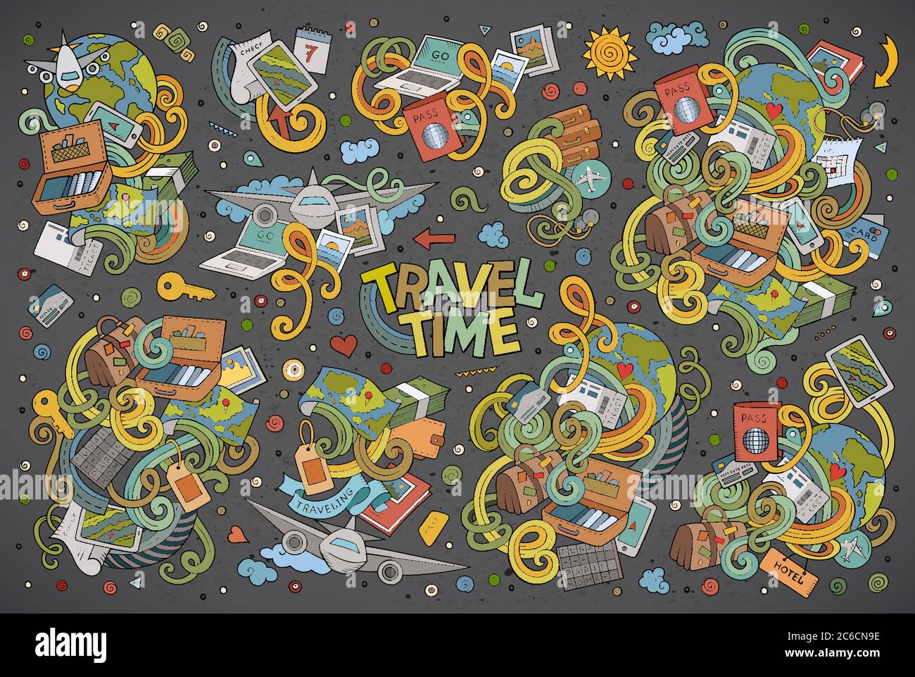 Vector doodle cartoon set of travel theme items Stock Vector Image ...
