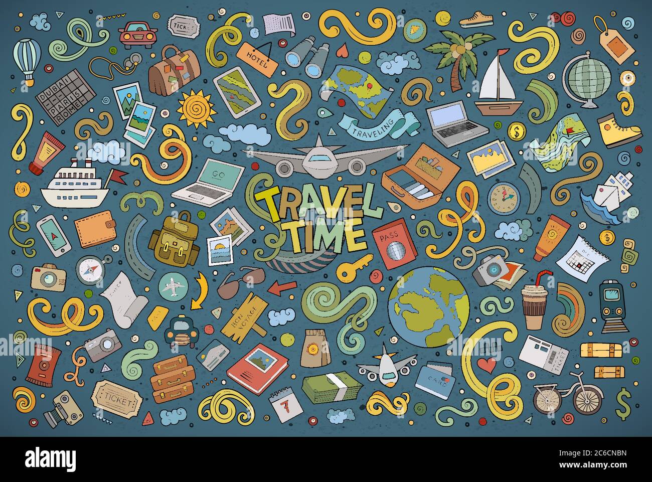 Vector doodle cartoon set of travel theme items Stock Vector Image ...
