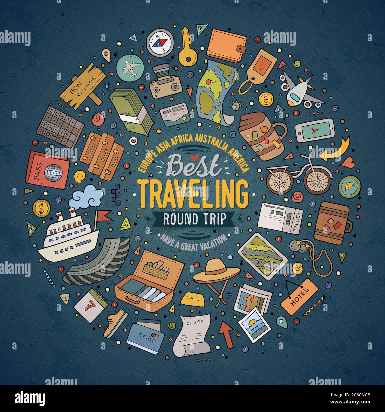 Round frame Travel cartoon objects, symbols and items Stock Vector ...