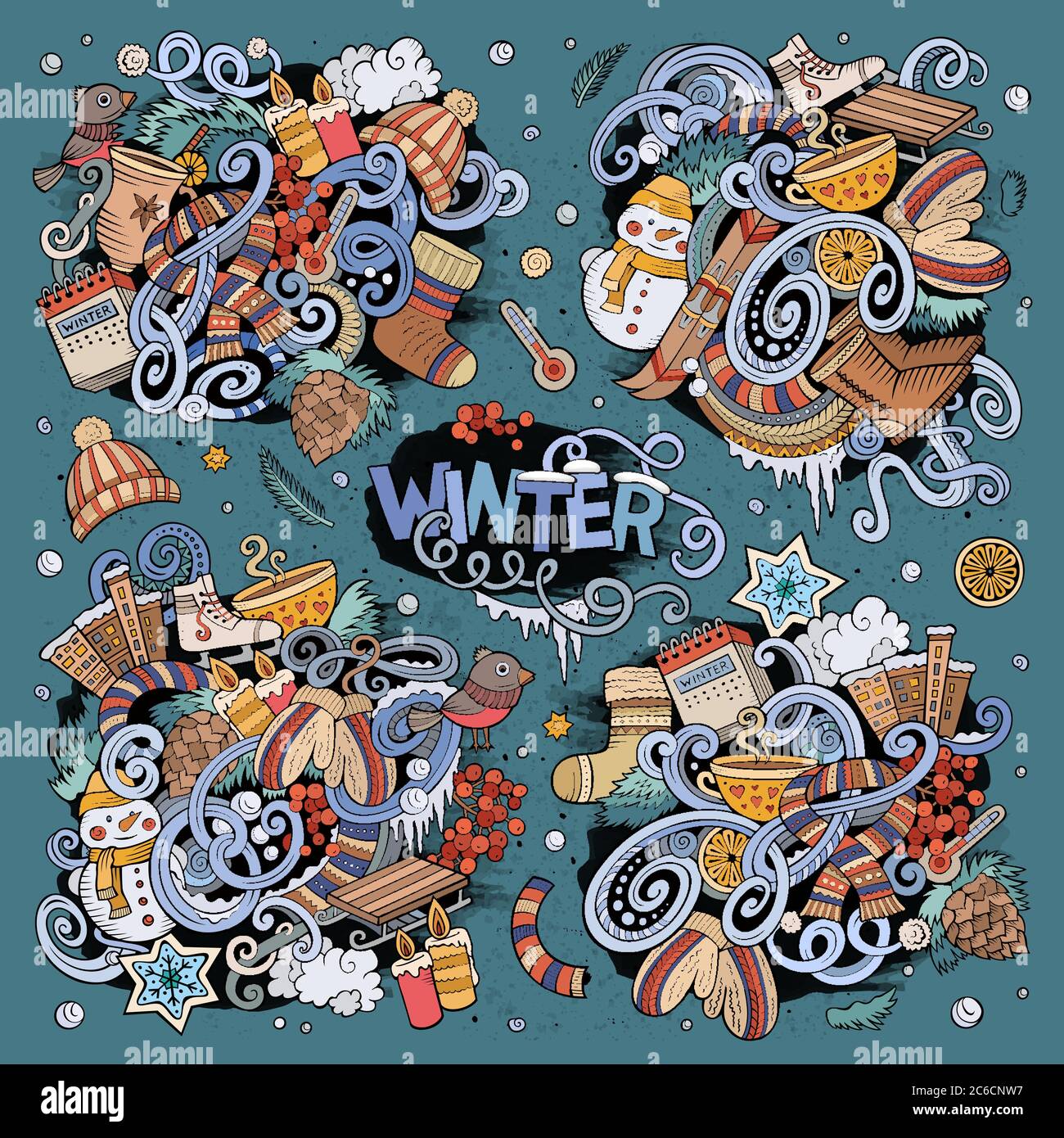 Cartoon set of Winter season doodles designs Stock Vector Image & Art ...