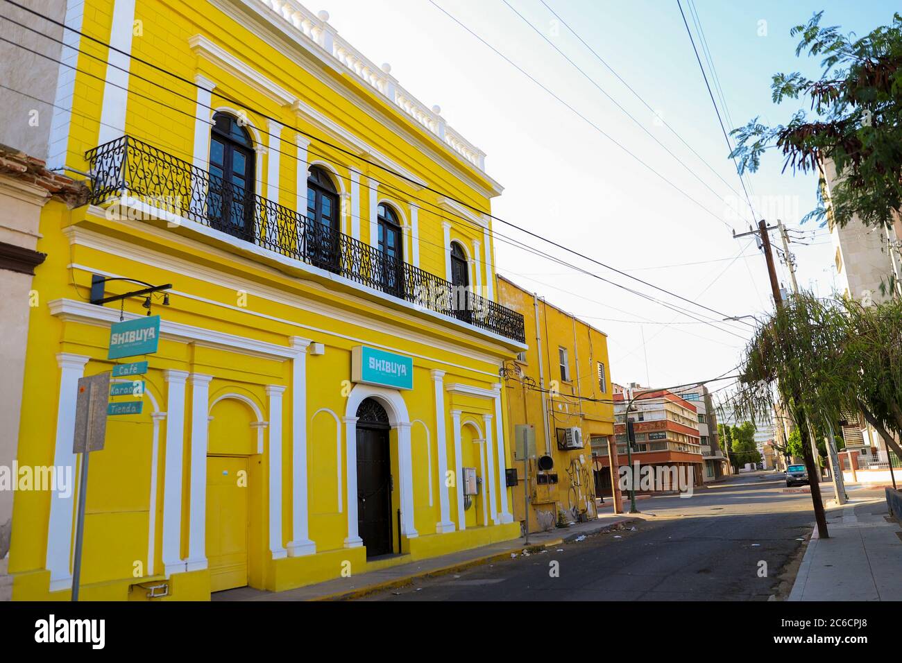 colonial style building facade in the historic center of Hermosillo ...