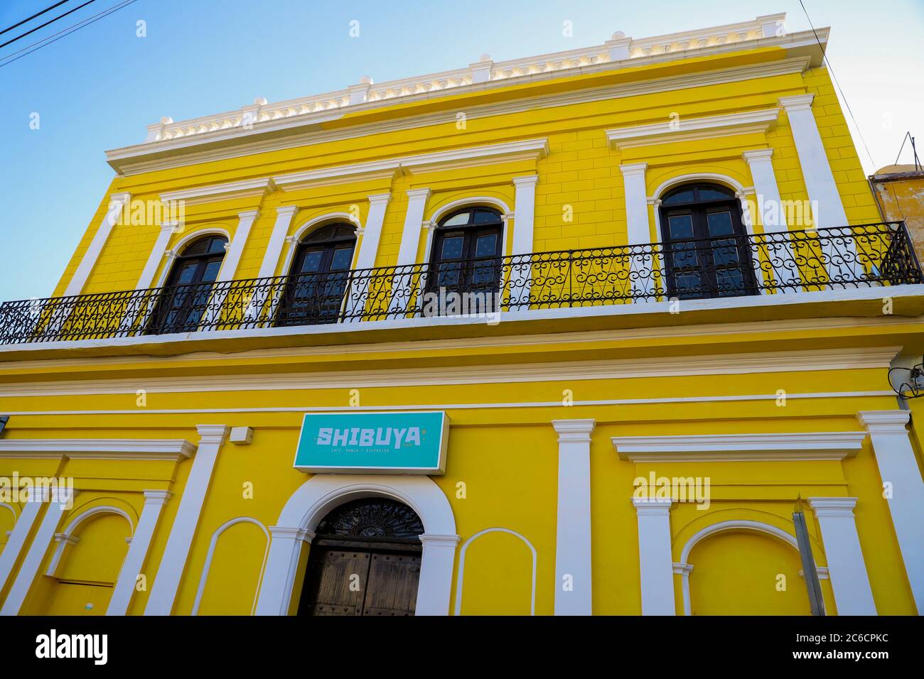 colonial style building facade in the historic center of Hermosillo ...