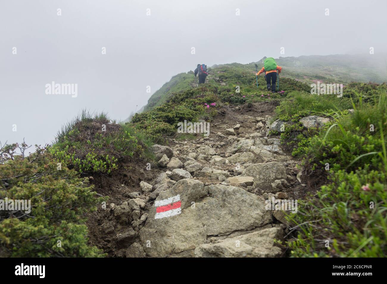 Tourist route mark on stone, painted in white and red guiding the way ...