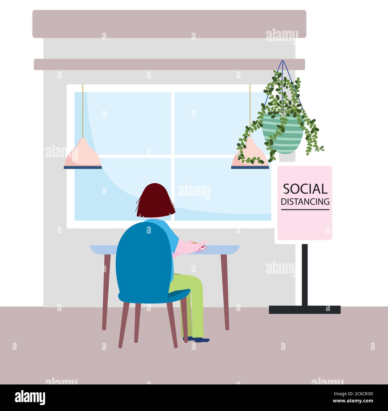 restaurant social distancing, back view woman eating keep a safe ...