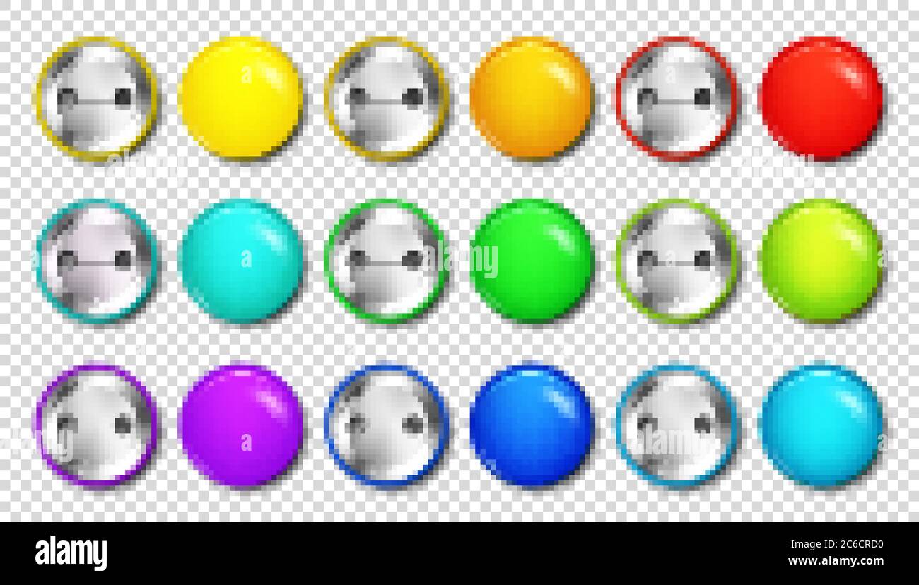 Realistic blank badges collection. Colorful 3D glossy round button. Pin ...